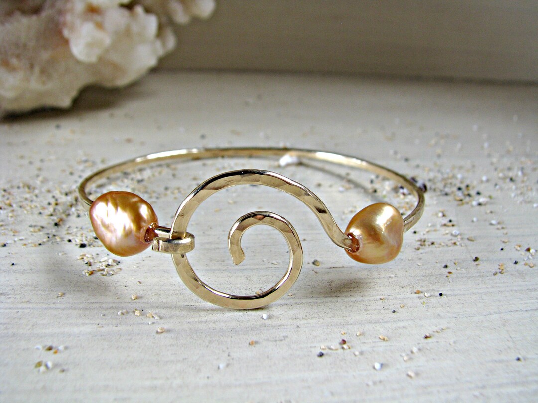 Gold Koru Bangle, Two-pearl Gold Bangle, Champagne Pearl Bracelet ...