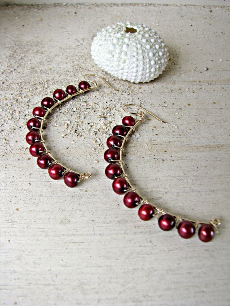 Red Pearl Hoops Red Pearl Earrings Crimson Red Dangle - Etsy
