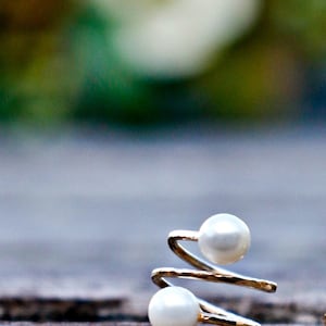 Two Pearl Ring, White Pearl Gold Ring, Double Pearl Ring, Hammered Gold ...