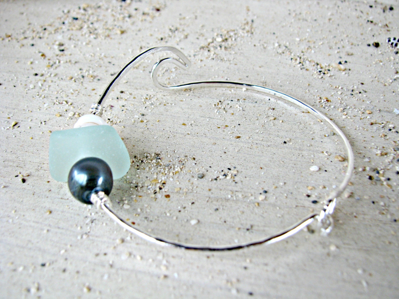 Silver Wave Bangle, Beachy Bangle, Hawaii Pearl Bangle, Puka Shell ...