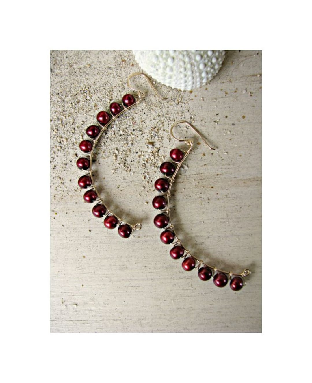 Red Pearl Hoops, Red Pearl Earrings, Crimson Red Dangle Earrings, Woven ...