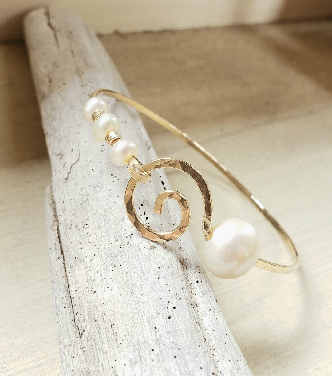 White Pearl Bangle, Gold Koru Bangle, White Pearl Bracelet, Infinity ...