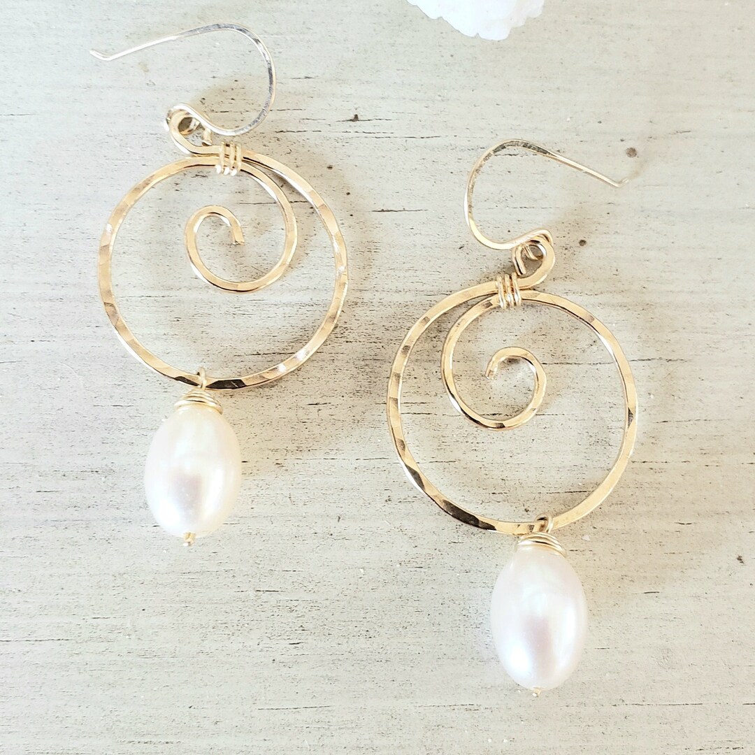 Infinity Earrings, Tiny Koru Hoops, White Pearl Earrings, Little Gold ...