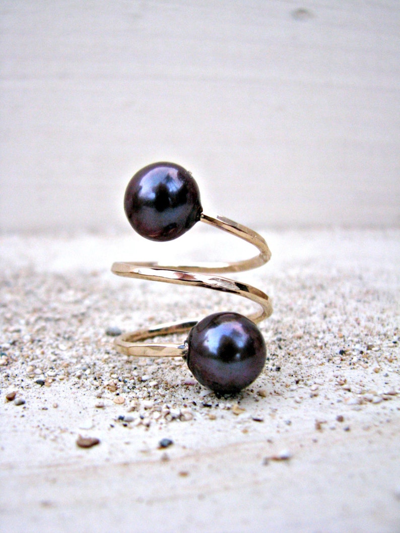 Double Pearl Ring, Black Pearl Gold Ring, Triple Coil Ring, Wrap Around ...