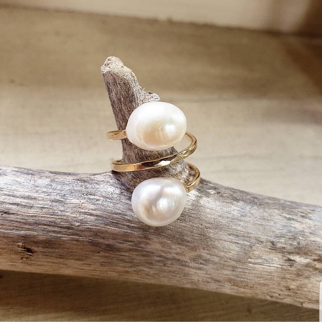 White Pearl Ring, Double Pearl Ring, Two Pearl Ring, Spiral Gold Ring ...