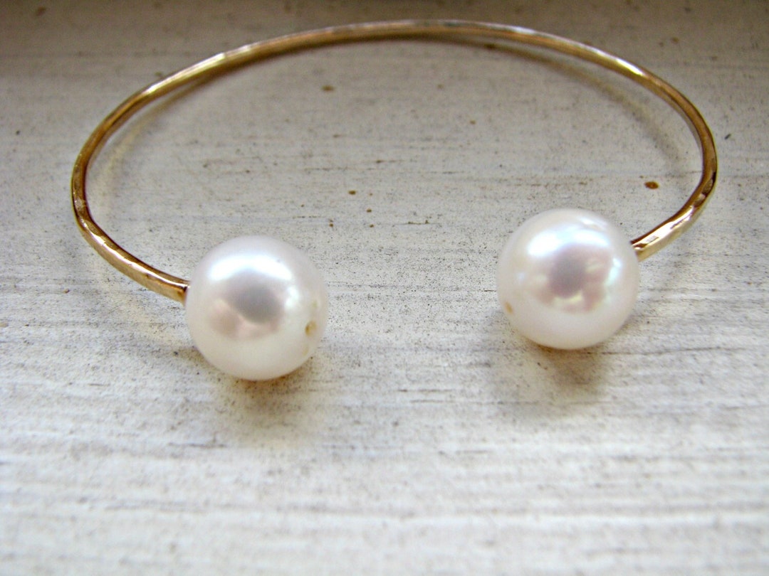 Double Pearl Cuff, Two Pearl Cuff, White Pearl Bangle, White Pearl ...