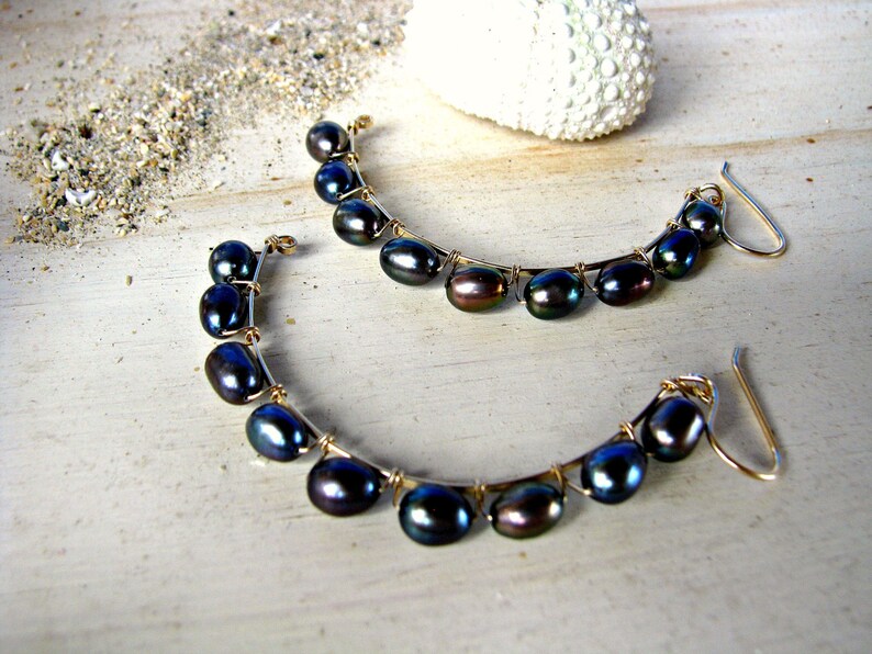 Peacock Pearl Hoops, Black Pearl Earrings, Woven Pearl Hoops, Pearl ...