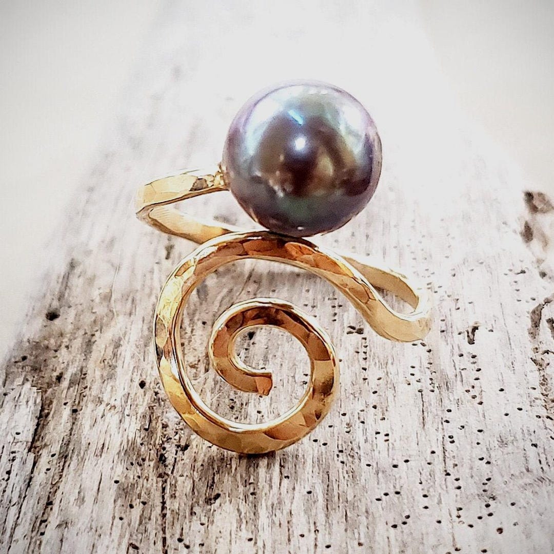 Black Pearl Ring, Gold Koru Ring, Infinity Ring, Stackable Gold Ring ...