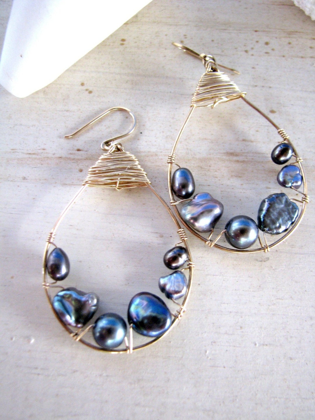 Black Pearl Teardrop Hoops, Black Pearl Earrings, Woven Pearl Hoops ...