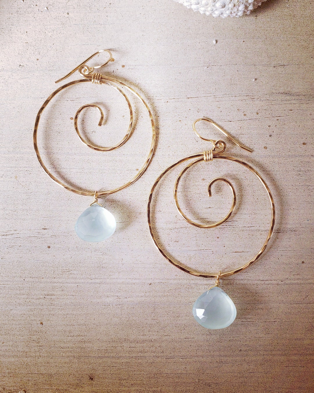 Aqua Gemstone Earrings, Gold Koru Hoops, Aqua Chalcedony Hoops ...