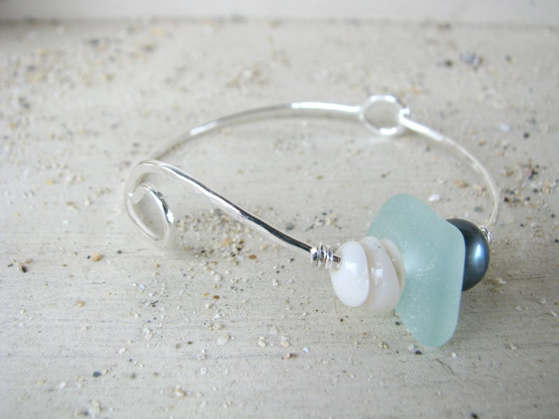 Silver Wave Bangle, Beachy Bangle, Hawaii Pearl Bangle, Puka Shell ...