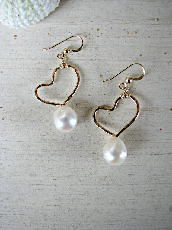 PukoaPacificPearls White Pearl Heart Earrings Gold Heart Pearl Earrings White Pearl Earrings Gold Heart Earrings Love Earrings Bridesmaid Gift Hawaii