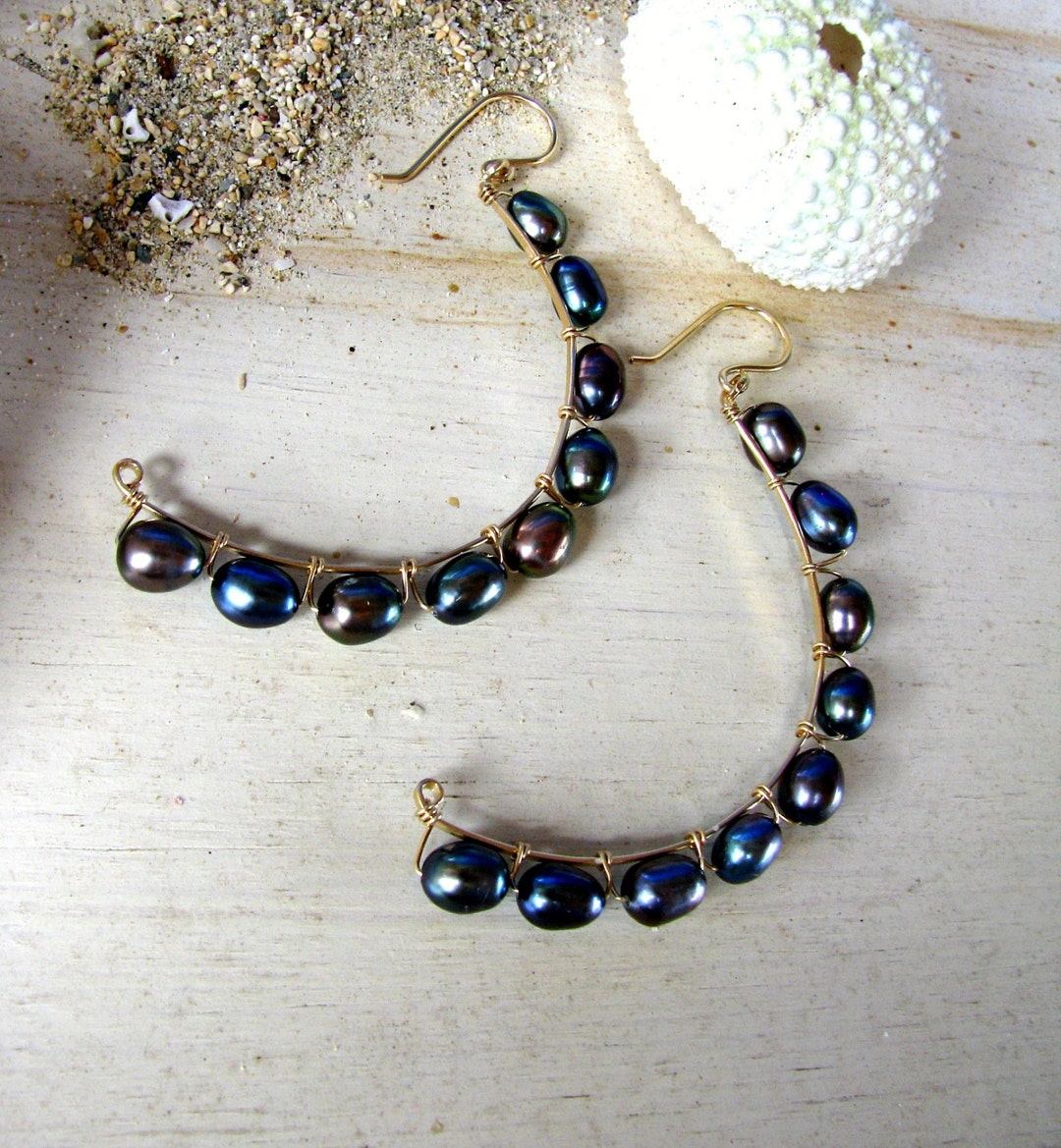 Peacock Pearl Hoops, Black Pearl Earrings, Woven Pearl Hoops, Pearl ...