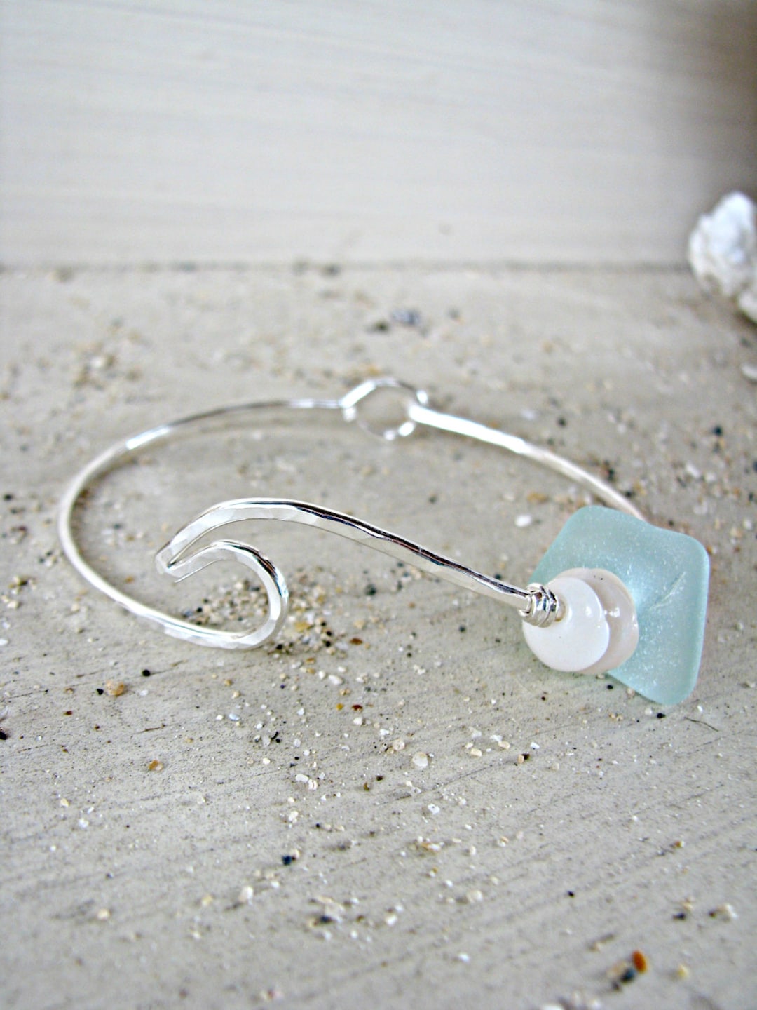 Silver Wave Bangle, Beachy Bangle, Hawaii Pearl Bangle, Puka Shell ...