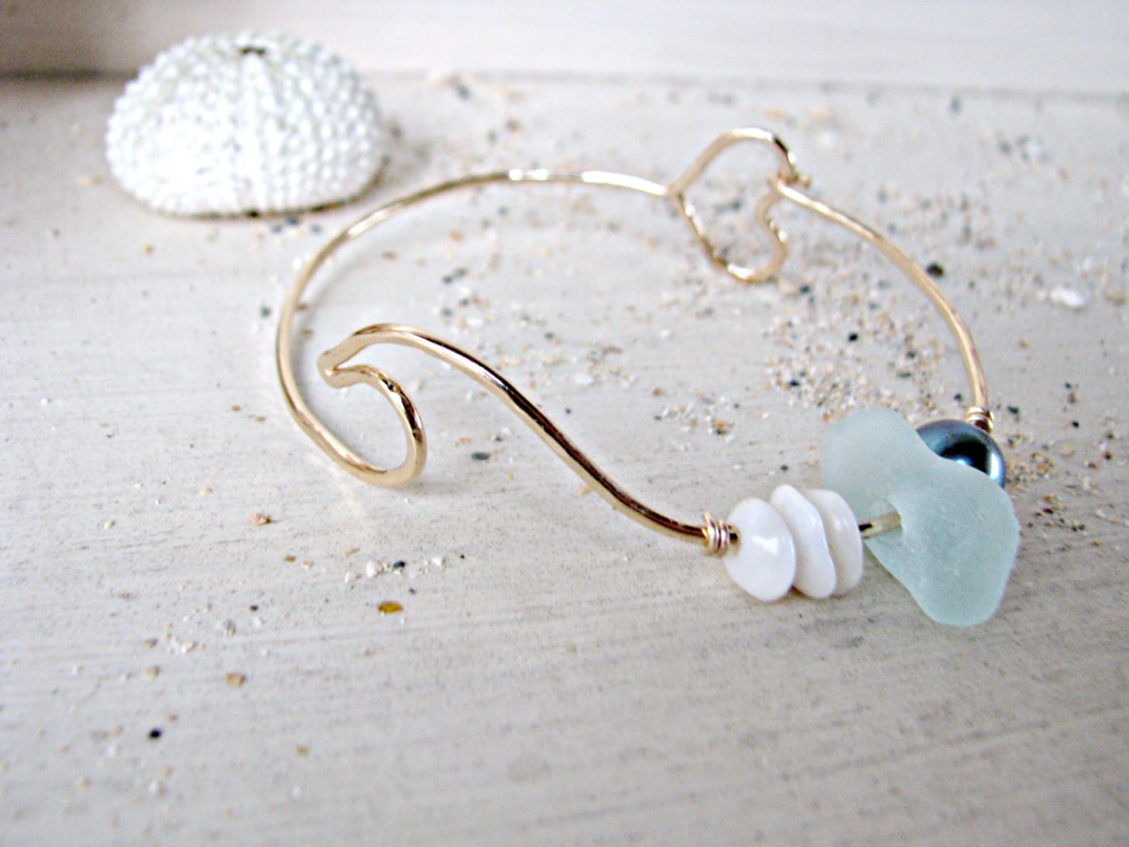 Wave Bangle Gold Heart Bangle Hawaii Pearl Bangle Puka - Etsy