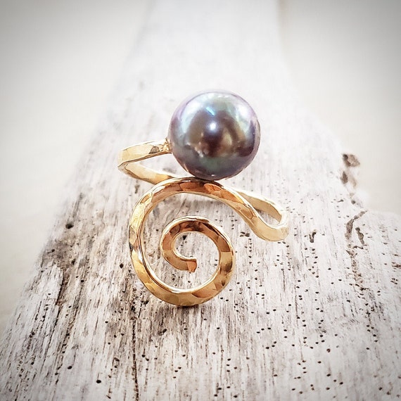 Black Pearl Ring Koru Ring Adjustable Ring Spiral Ring - Etsy