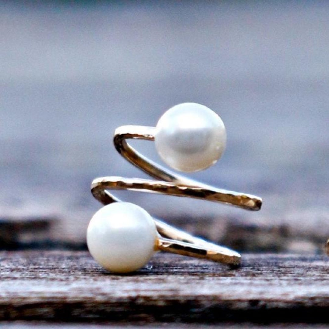 Double Pearl Ring, White Pearl Gold Ring, Two Pearl Ring, Hammered Gold ...