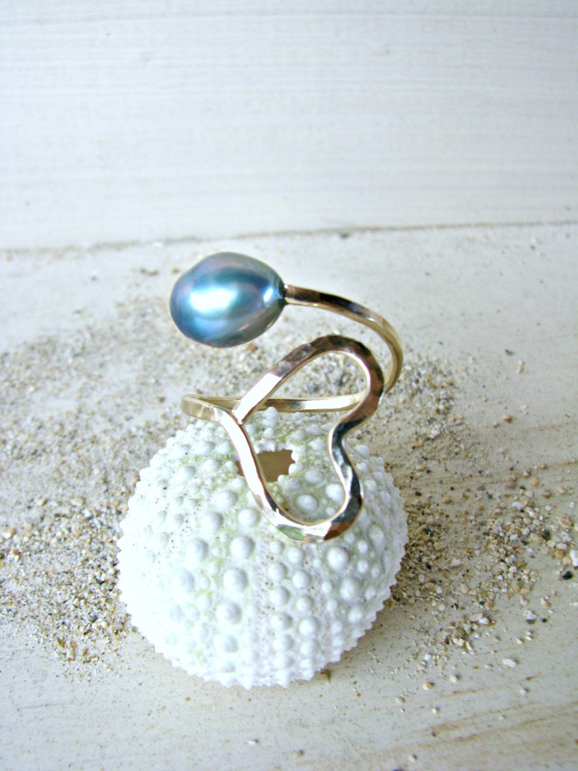 Heart Pearl Ring Blue Pearl Ring Gold Heart Ring Hammered | Etsy