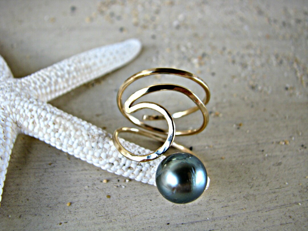 Gold Wave Ring, Hawaiian Pearl Ring, Black Pearl Wave Ring, Hawaii ...