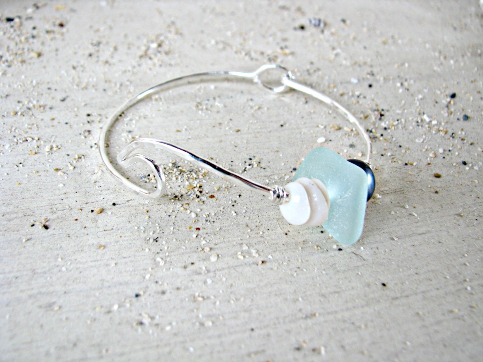 Silver Wave Bangle, Beachy Bangle, Hawaii Pearl Bangle, Puka Shell ...