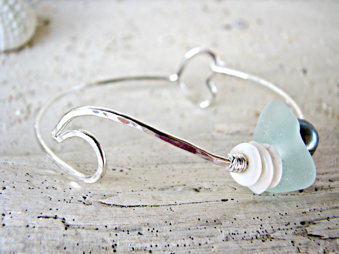 Wave Bangle, Heart Bangle, Hawaii Pearl Bangle, Puka Shell Bangle, Aqua ...