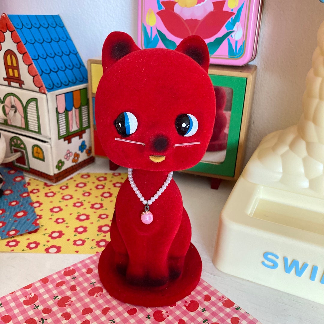 Cute Japanese Vintage 60s Red Kitty Cat With Pearl Necklace Flocked ...