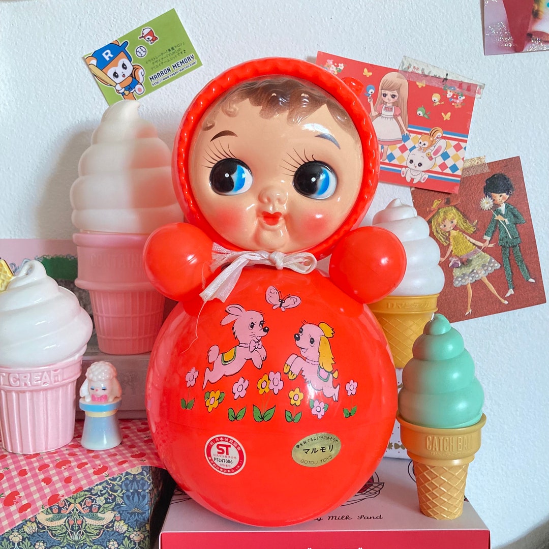 Cute Japanese Vintage Red Roly Poly Doll Toy With Puppies Designed From ...