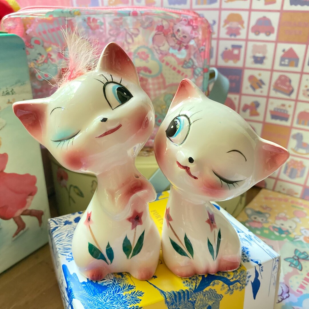 Cute Japanese Vintage 1960s Retro Floral Kitty Cat Ceramic Pair ...