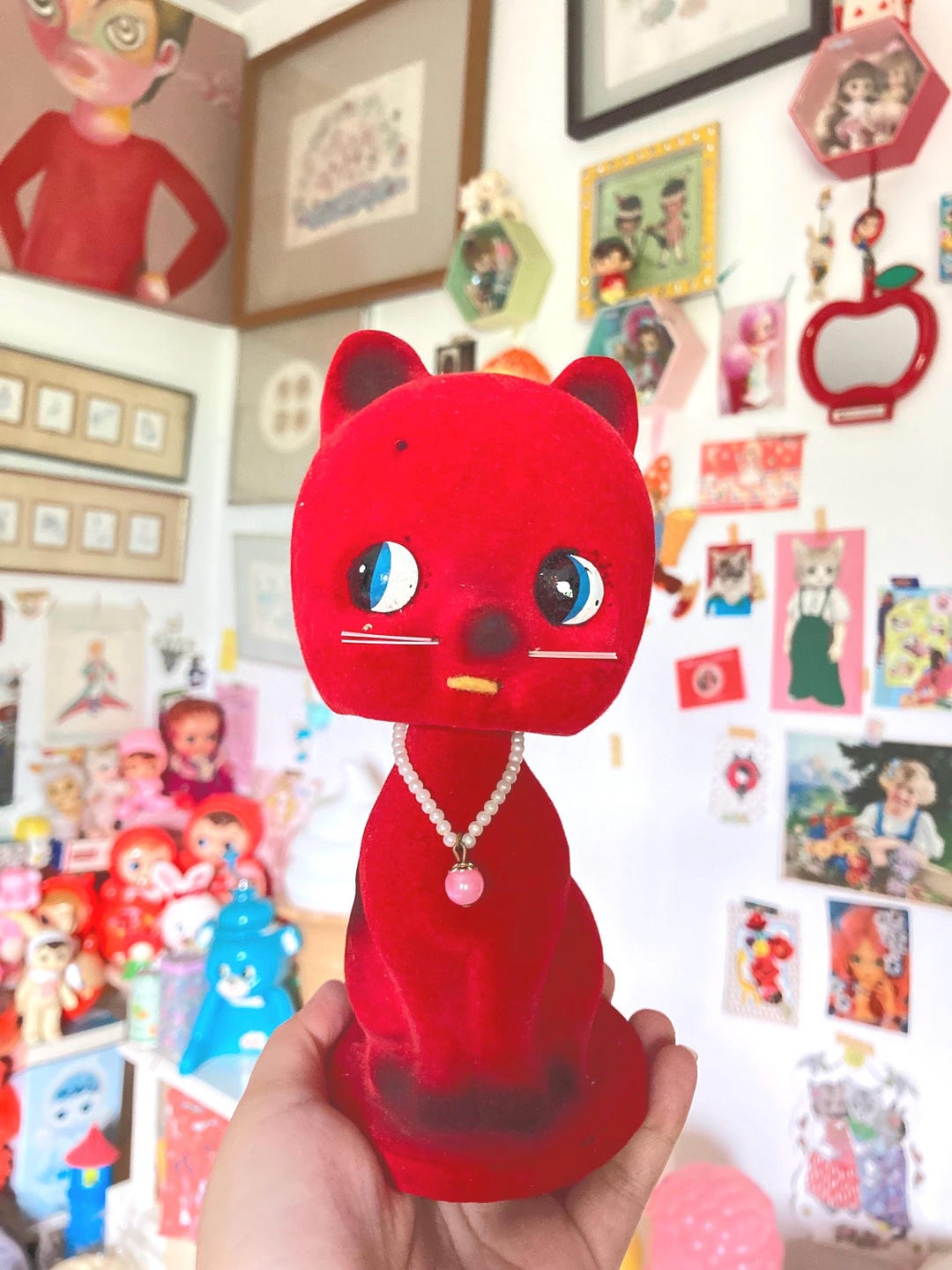 Cute Japanese Vintage 60s Red Kitty Cat With Pearl Necklace Flocked ...