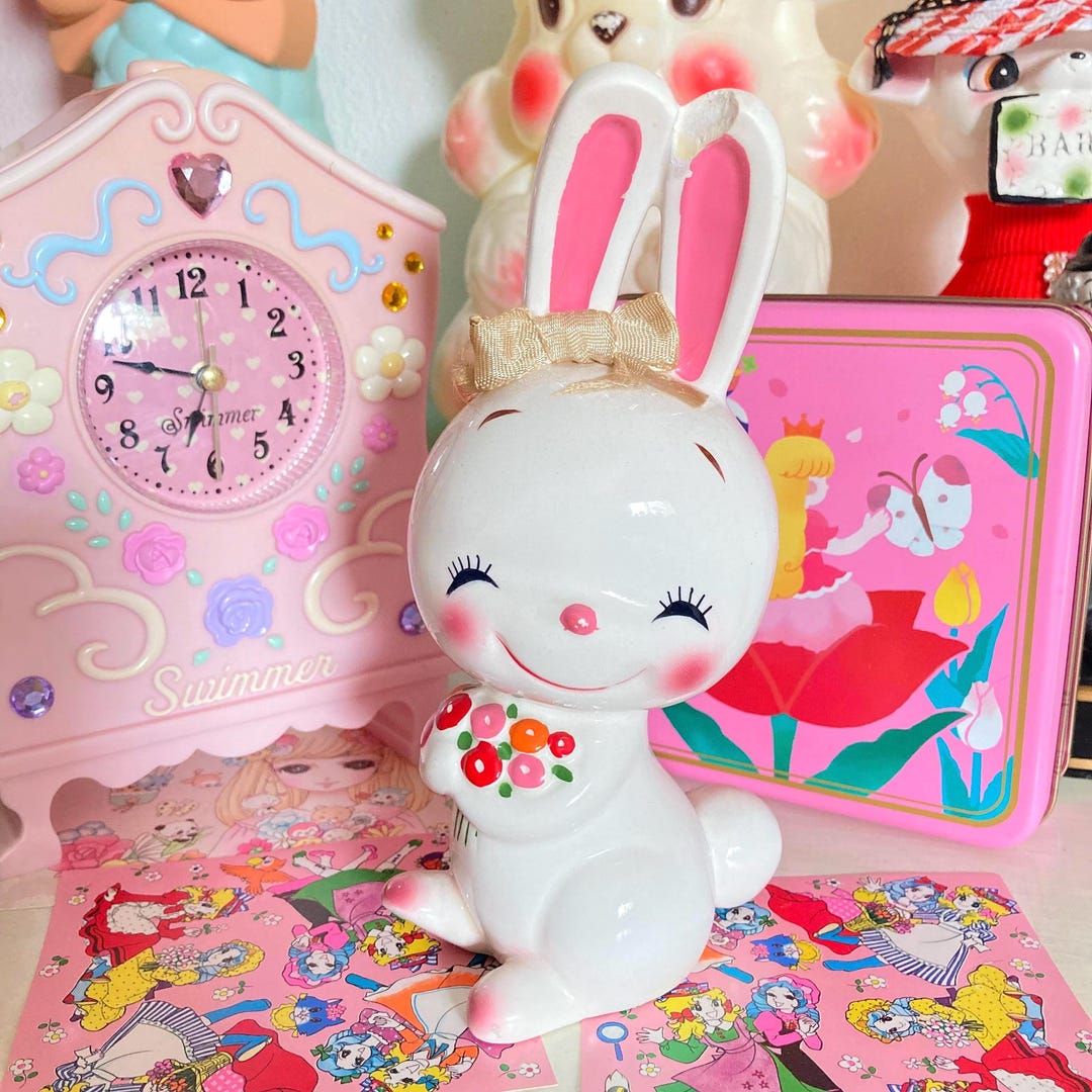 Cute Rare Rune Naito Vintage Cutie Bunny Holding Flowers Rabbit Kitschy Ceramic Figure ...