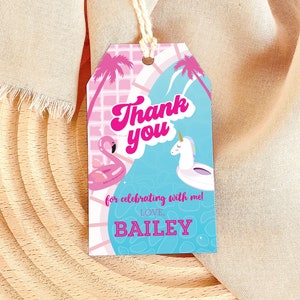EDITABLE Girl Lets Go Party Pink Doll Pool Party Birthday Favor Thank ...