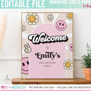 EDITABLE Two Groovy Retro Pink Smiley Face Birthday Welcome Poster ...