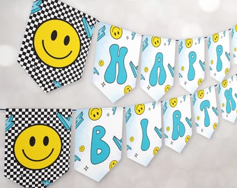 Pink Smiley Face Happy Birthday Banner - Smiley Face Retro Groovy ...