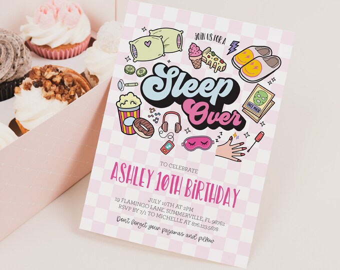 Editable Retro Girls Sleep Over Birthday Invitation Slumber Party ...