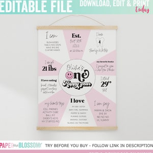 EDITABLE One Happy Girl First Birthday Stats Info Poster - Groovy Retro ...