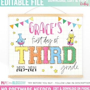 EDITABLE First Day of School THIRD GRADE Custom Sign/back to School ...