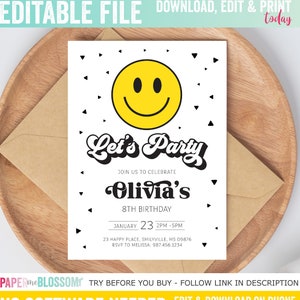 Editable Let's Party Retro Yellow Smiley Face Birthday Invitation ...