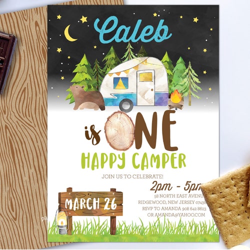 EDITABLE One Happy Camper Camping Invitation Camper Rv Boy - Etsy