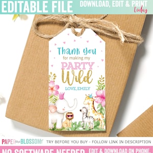 EDITABLE Two Wild Party Safari Jungle Animal Favor Thank You Gift Tag ...