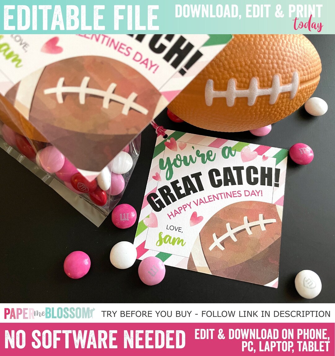 EDITABLE Valentines, Football You're a Great Catch Valentines Day Kids ...