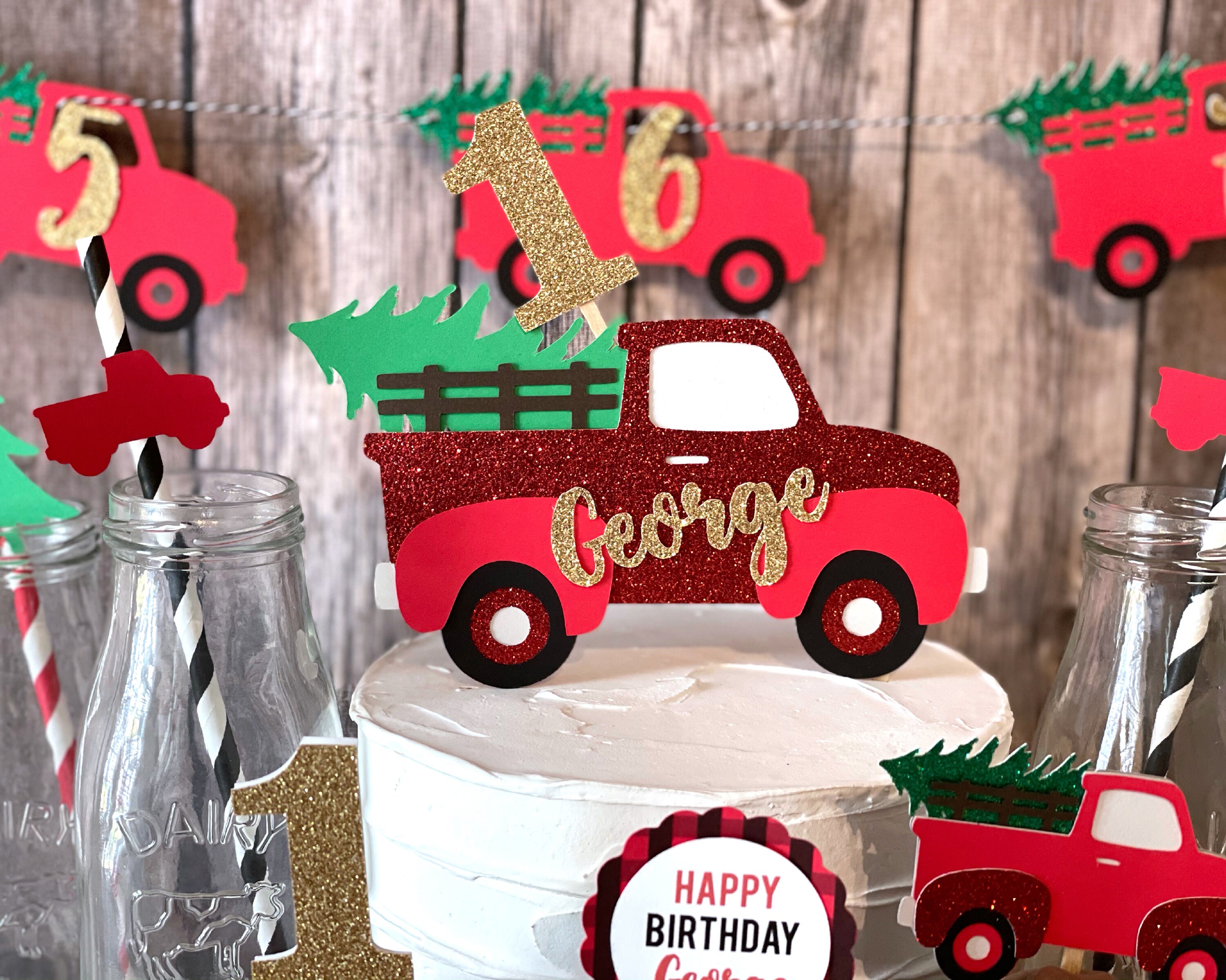 Red Farm Truck Christmas Pine Tree Happy Birthday Banner - Red Truck ...