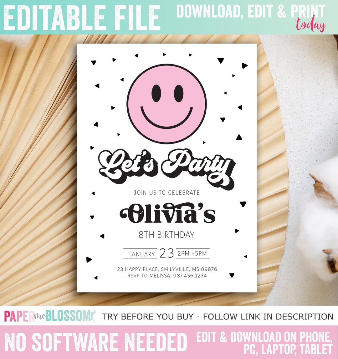 Editable Let's Party Retro Pink Smiley Face Birthday Invitation - Retro ...