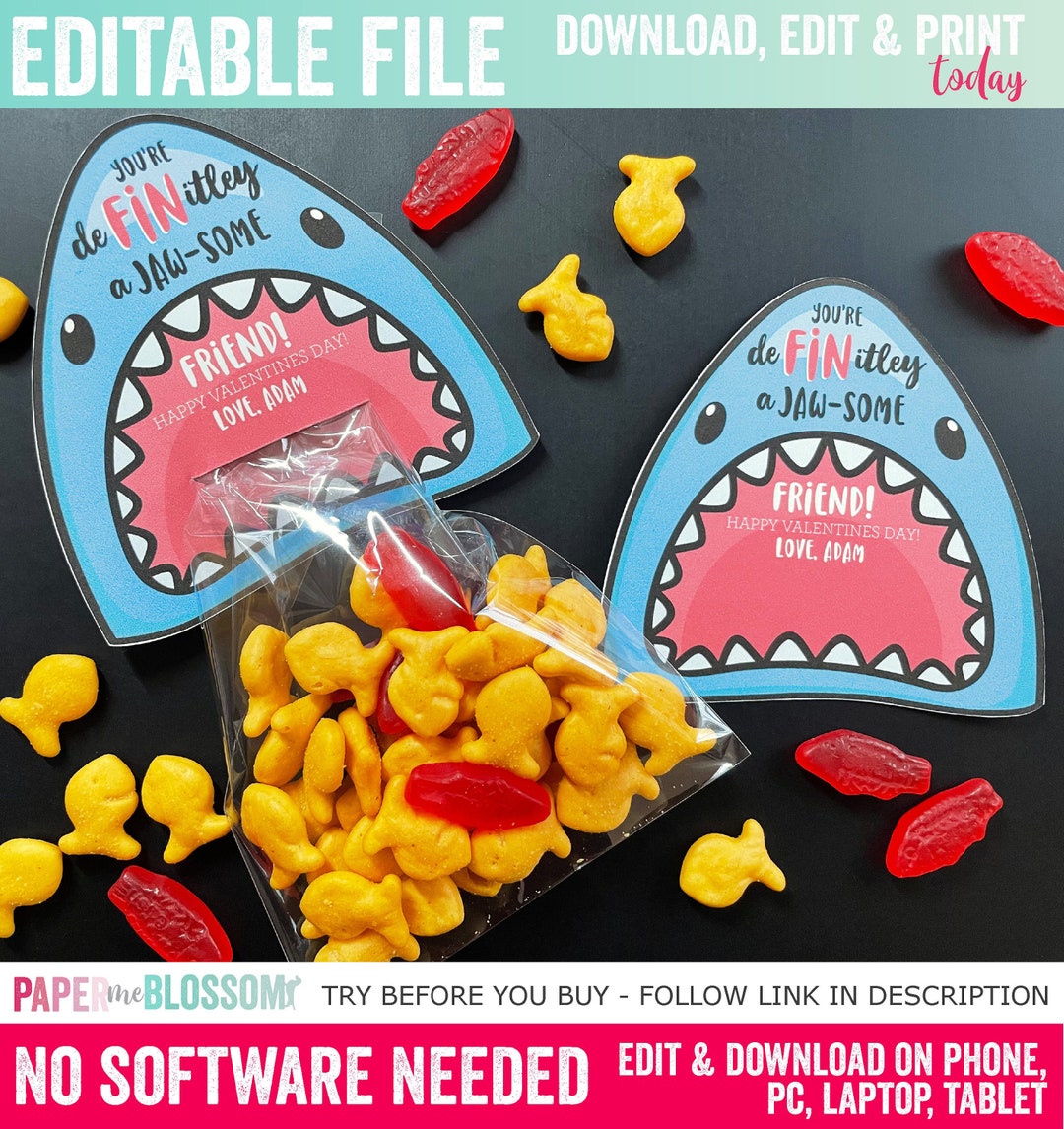EDITABLE Valentines, Shark You're a Fin-tastic Friend Valentines Day ...