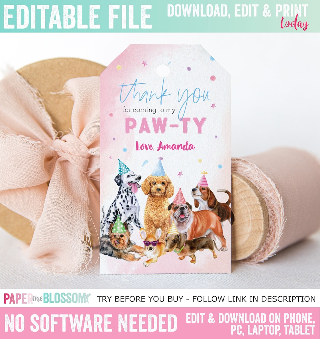 Editable Puppy Girl Paw-ty Dog Thank You Favor Tag - Doggy Pet Girl ...