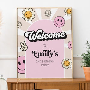 Two Groovy Smiley Face Happy Birthday Banner - Retro Groovy Printable ...