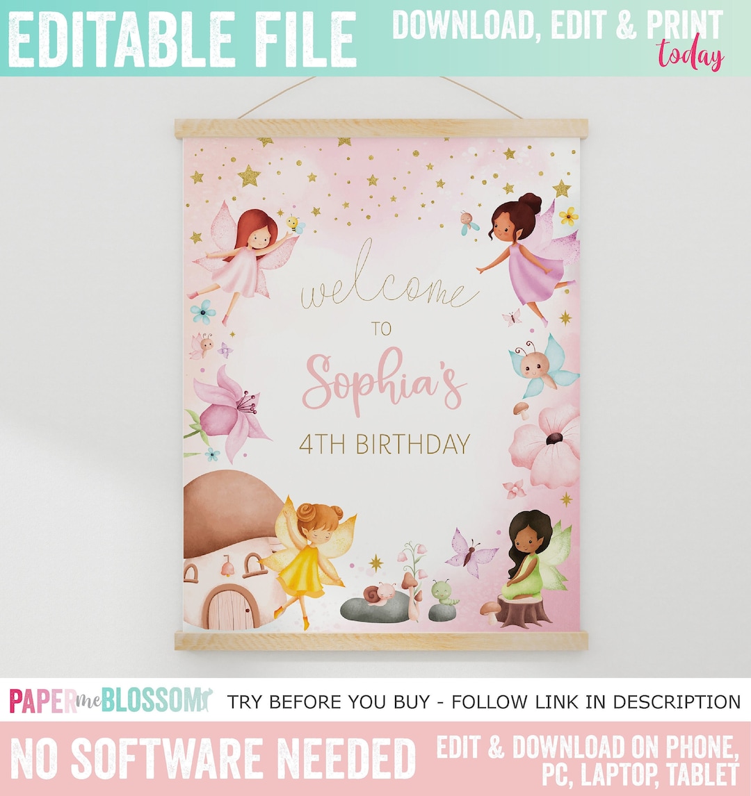 EDITABLE Fairy Whimsical Enchanted Pixie Birthday Welcome Poster ...
