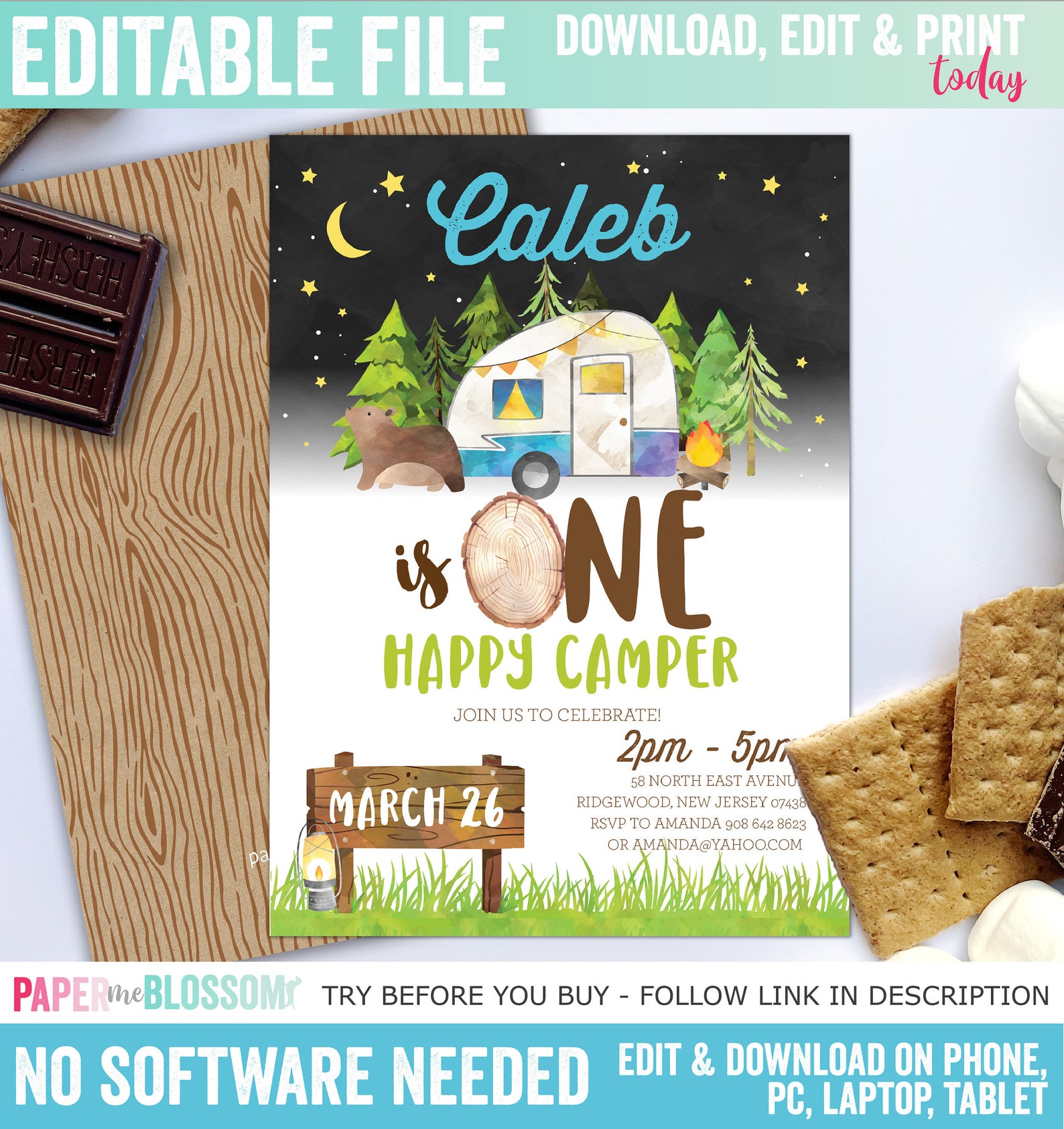 EDITABLE One Happy Camper Camping Invitation - Camper Rv Boy Invitation ...