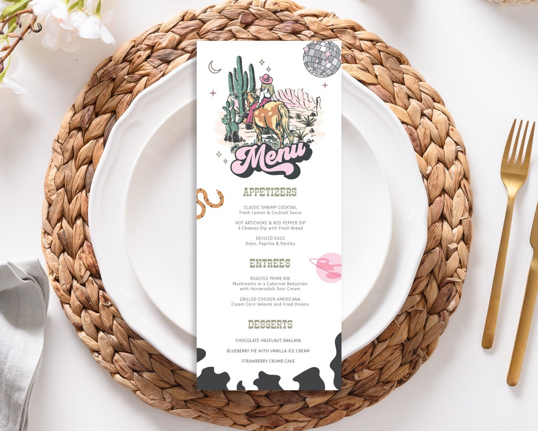 Editable Space Cowgirl Birthday Menu - Retro Cosmic Space Disco Cowgirl ...