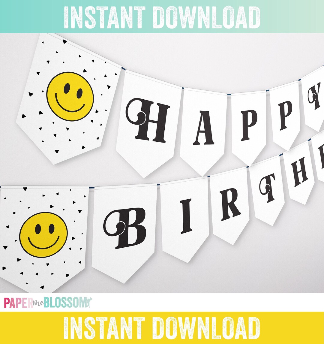 Yellow Smiley Face Happy Birthday Banner - Smiley Face Retro Groovy ...