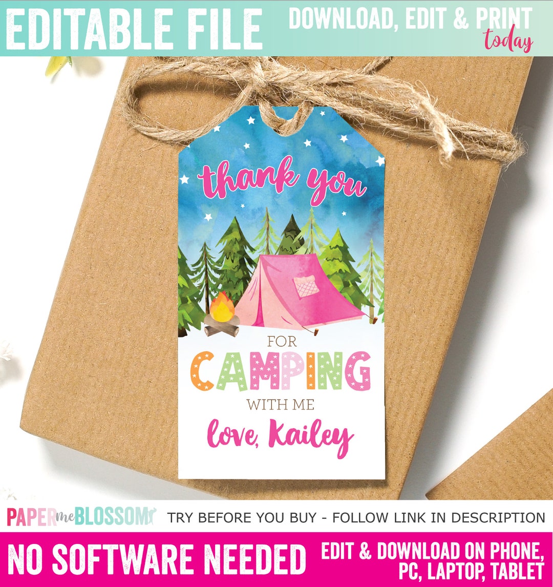 EDITABLE Let's Go Camping Pink Tent Favor Thank You Gift Tag ...